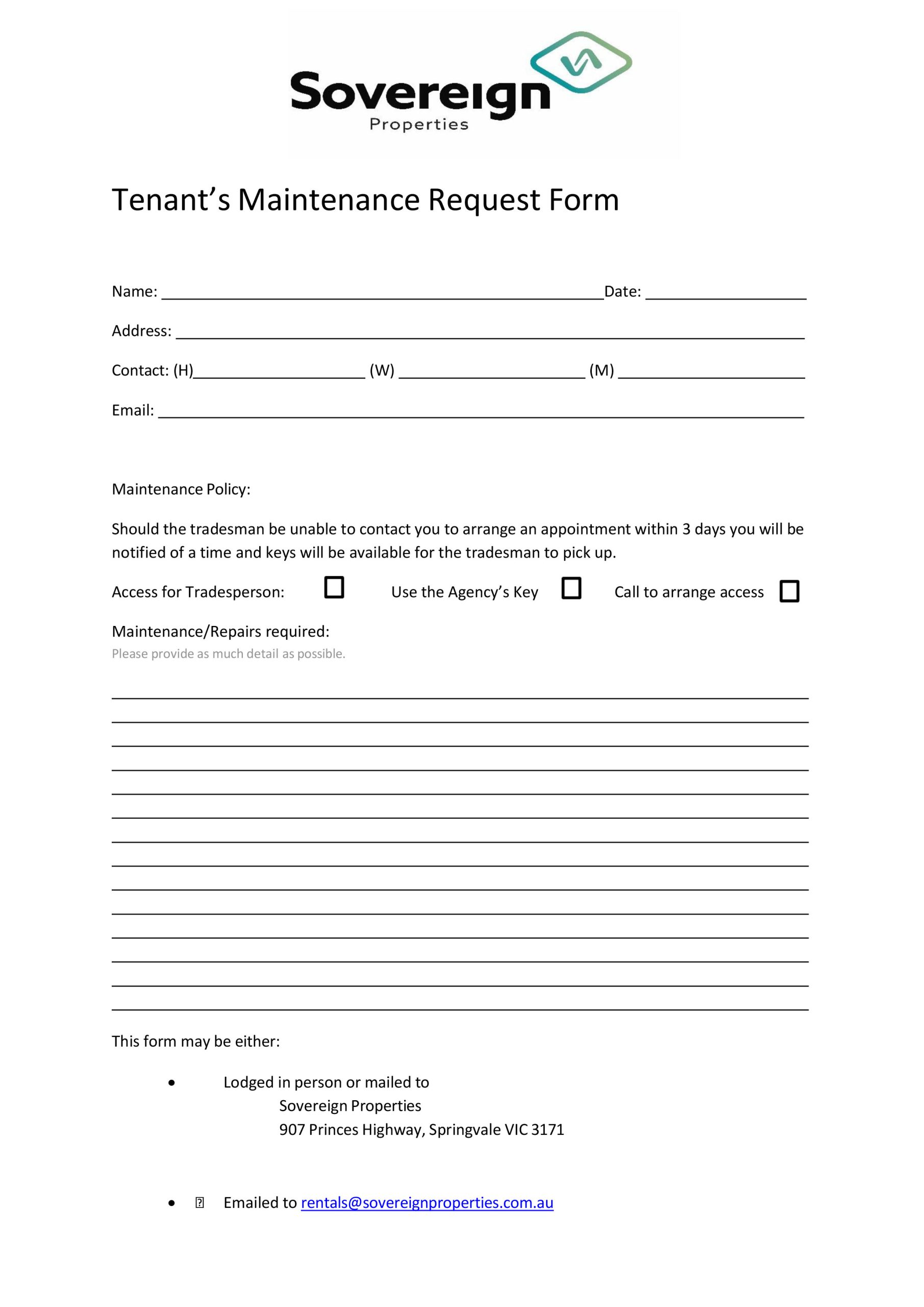 Tenant Maintenance Request Form - Sovereign Properties